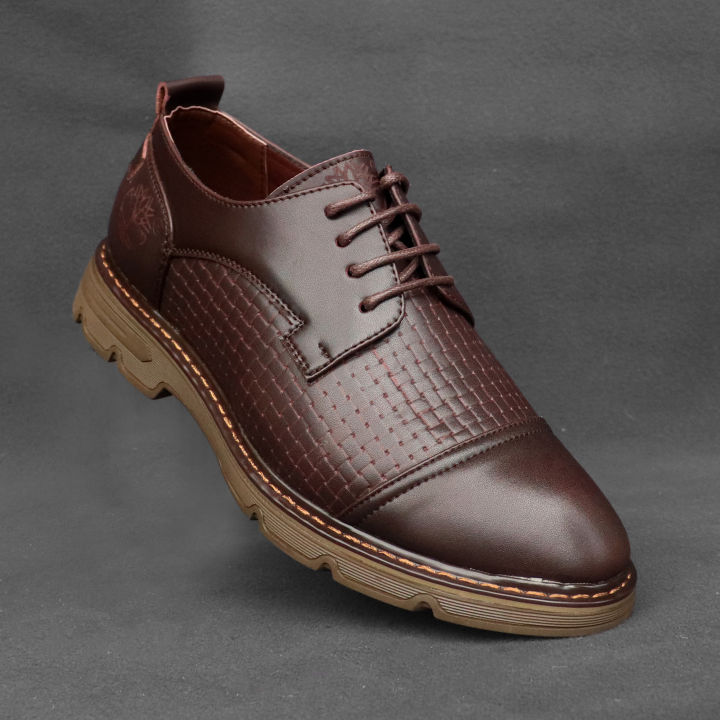 Men's Textured Chocolate Color Pure Leather Lace-Up Timberland Derby Oxford Shoes with Dual-Tone ...