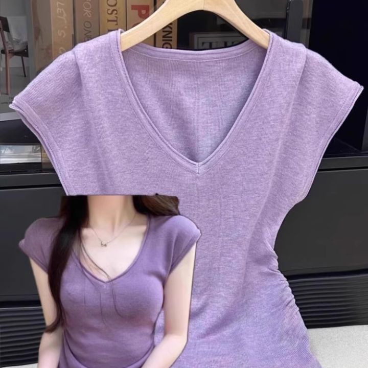 Purple pure desire v-neck knitted ice silk small flying sleeve shoulder ...
