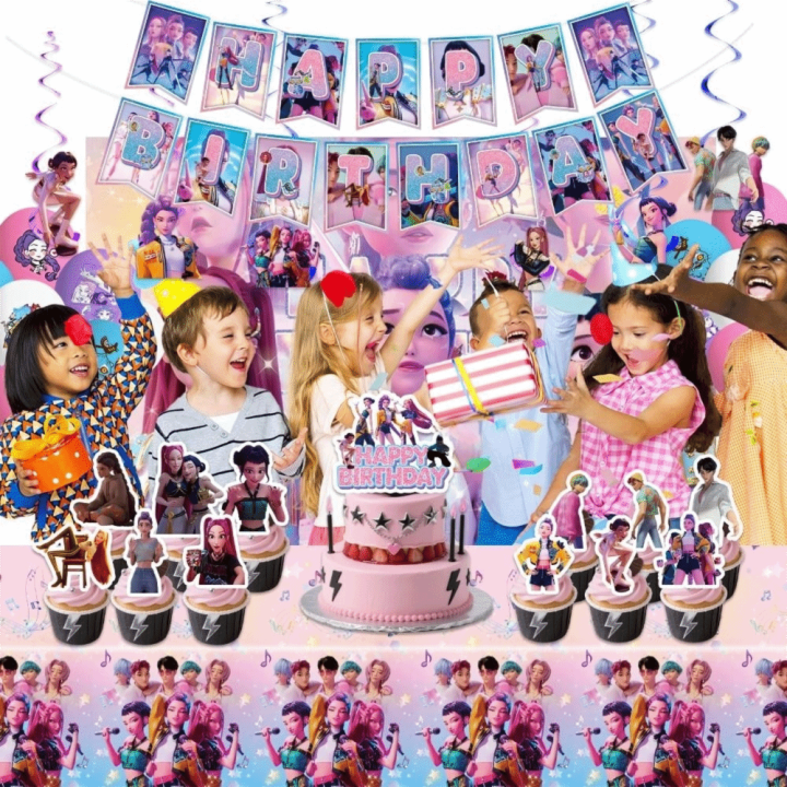 Kpop Banner Backdrop Demon Hunter Party Decoration Balloon Cake Top ...