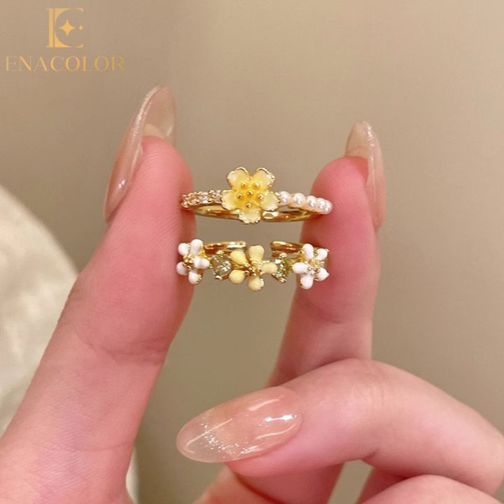 Enacolor 1Pc New 2025 Enamel Daisy Flower Rings Adjust Crystal Open ...