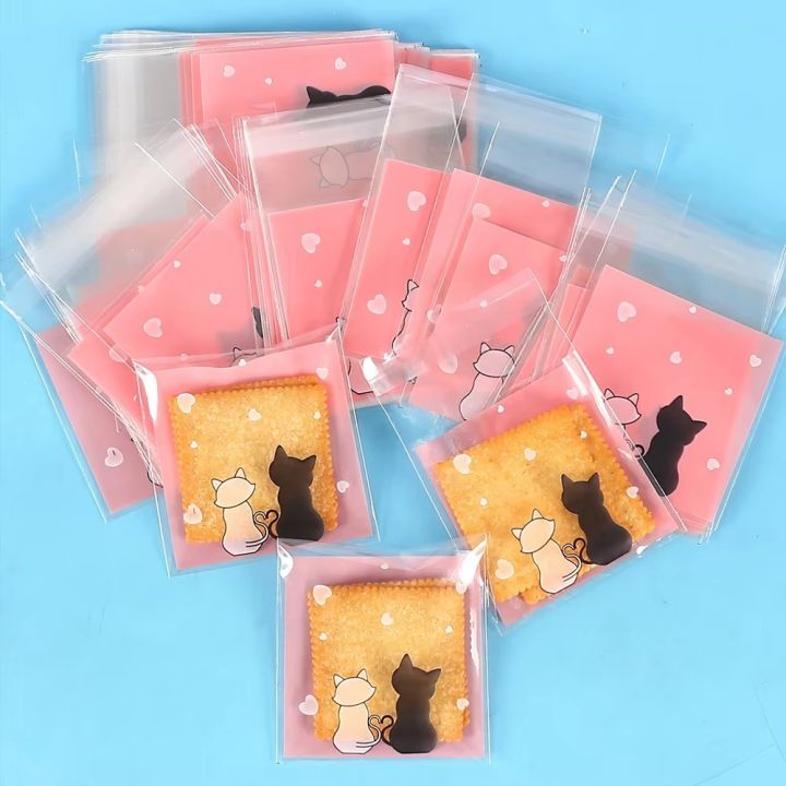 50Pcs Cartoon Couple Cats Biscuits Candy Bags Self Adhesive Clear ...