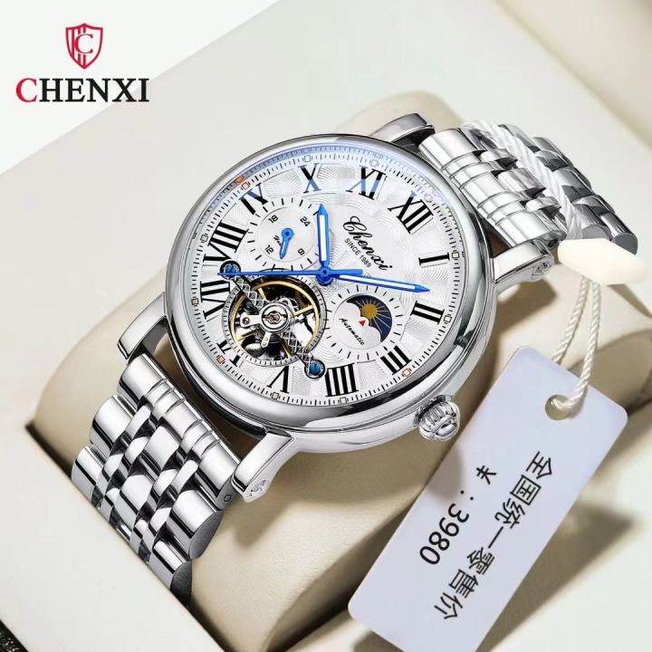CHENXI Morning Light Business Men's Steel Band Fully Automatic Mechanical Watch Skeleton ...