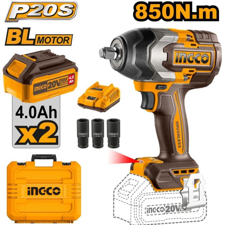 INGCO 850NM Brushless Motor Cordless Impact Wrench 20V CIWLI2085 ...