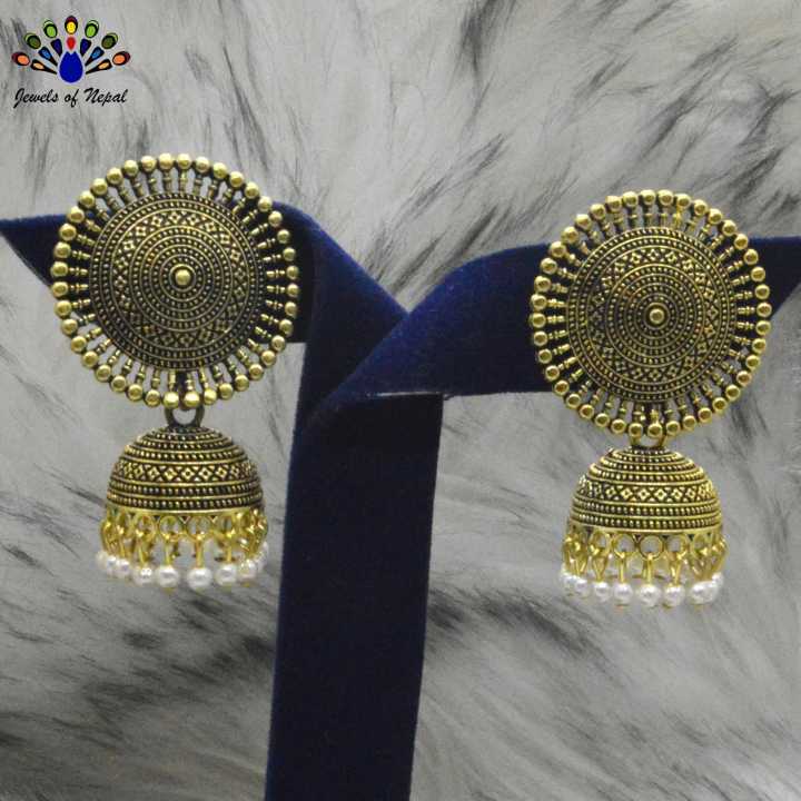 Jewels of Nepal Oxidized Golden Round Top Faux Moti Pinjada Jhumki ...