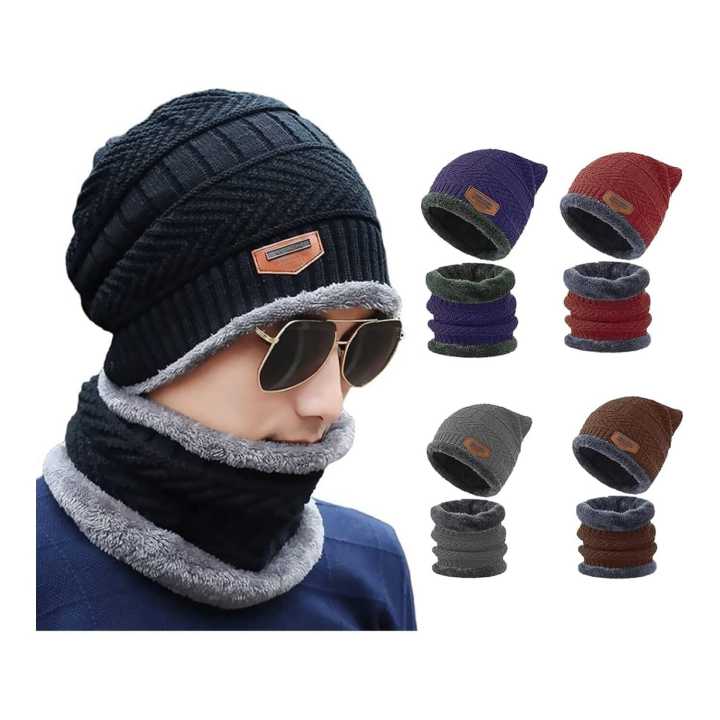 Pack of 2 Pcs Chinese Cap and Muffler Set with inside Furr ( New Winter ...