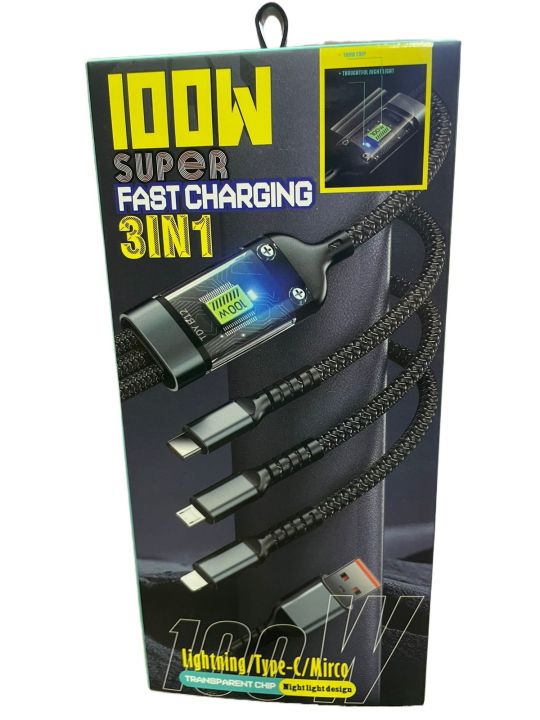 100W Transparent Luminous 3-in-1 Super Fast Charging Cable, USB Cable ...