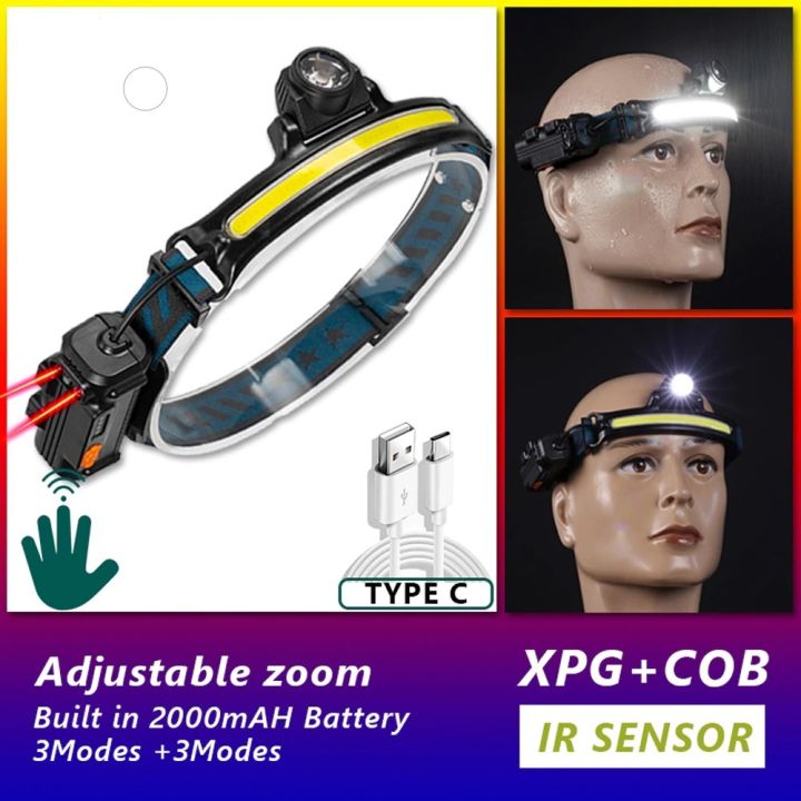 Floodlight COB Headlamp LED Sensor Headlight with Built-in Battery Flashlight USB Rechargeable ...