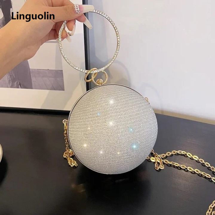 Linguolin Circular Ring Portable Evening Bags Metal Sliver Round Ball ...