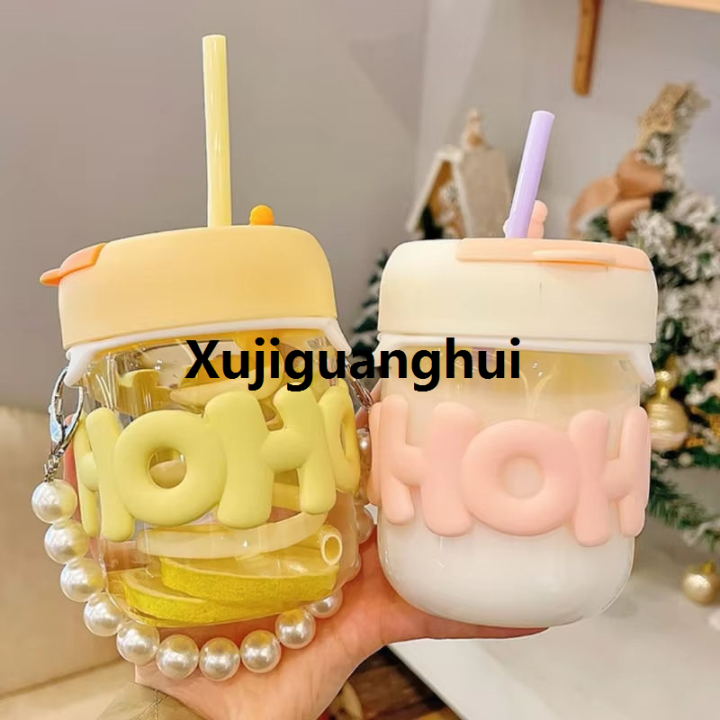 Xujiguanghui 350ml 2 Way Drinking HOHO Aesthetic Glass Cup – Leak-Proof Straw Tumbler, Coffee ...