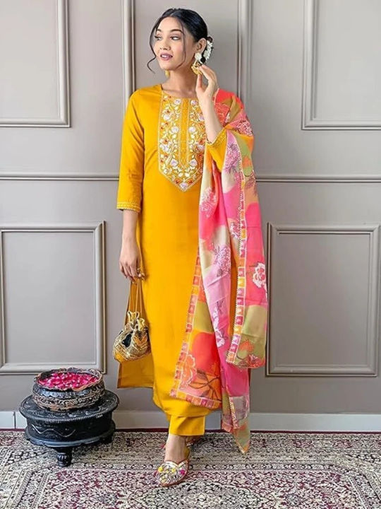 Fabdale Embellished Yellow Viscose Rayon Straight Kurti Pant with ...