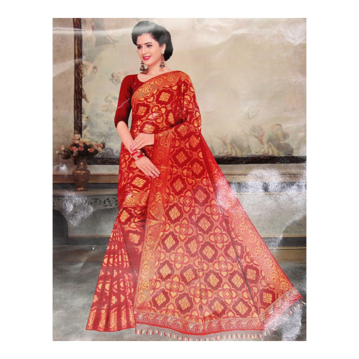 Red Cotton Resham Pari Saree For Women - 0001 | Daraz.com.np