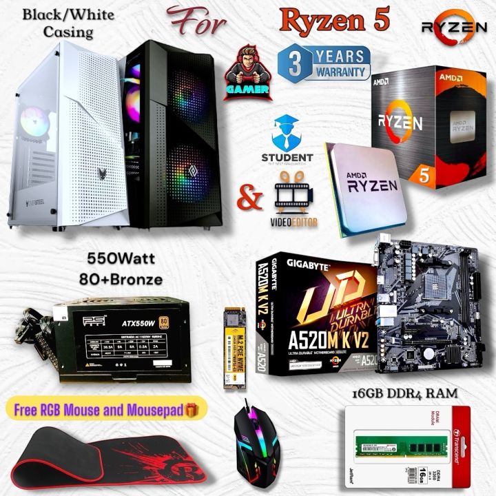Gaming PC Full Setup with Ryzen 5 5600GT, 256/512GB NVMe M.2 SSD, 500Watt PSU, 8/16GB 3200Mhz ...
