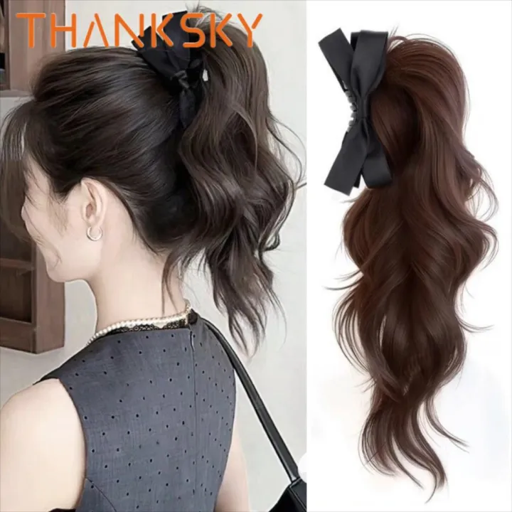 Heat Resistant Bow Wavy Curly Ponytail Clip On Hair Long Claw Clip Wig ...