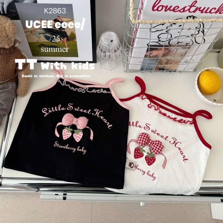 Girls cotton splicing fungus side camisoles foreign children's three ...