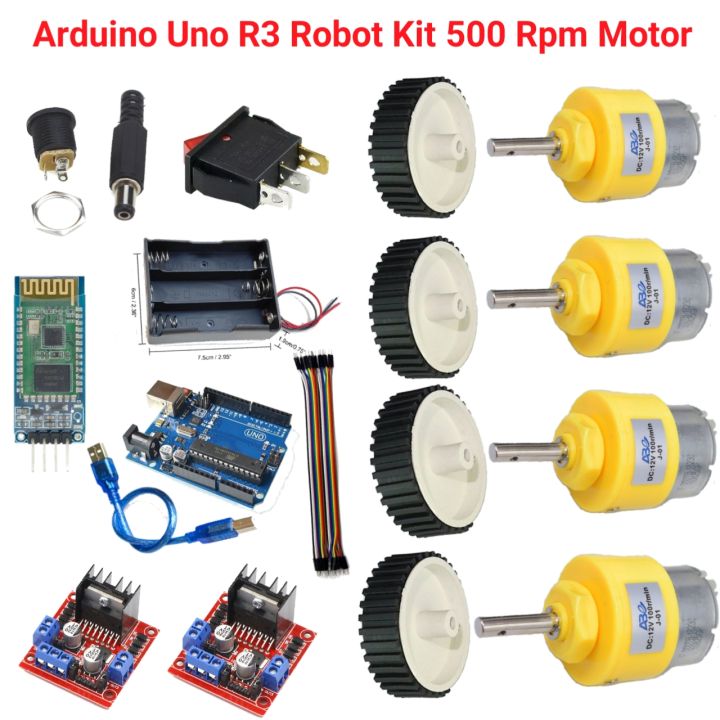 Arduino Uno R3 Robot Kit Collection With 500 RPM DC Gear Motor Bluetooth Module L298N Motor ...