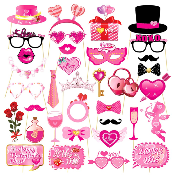 Pack of 35 Valentine Day Props Valentine'S Day Photo Booth Props with ...