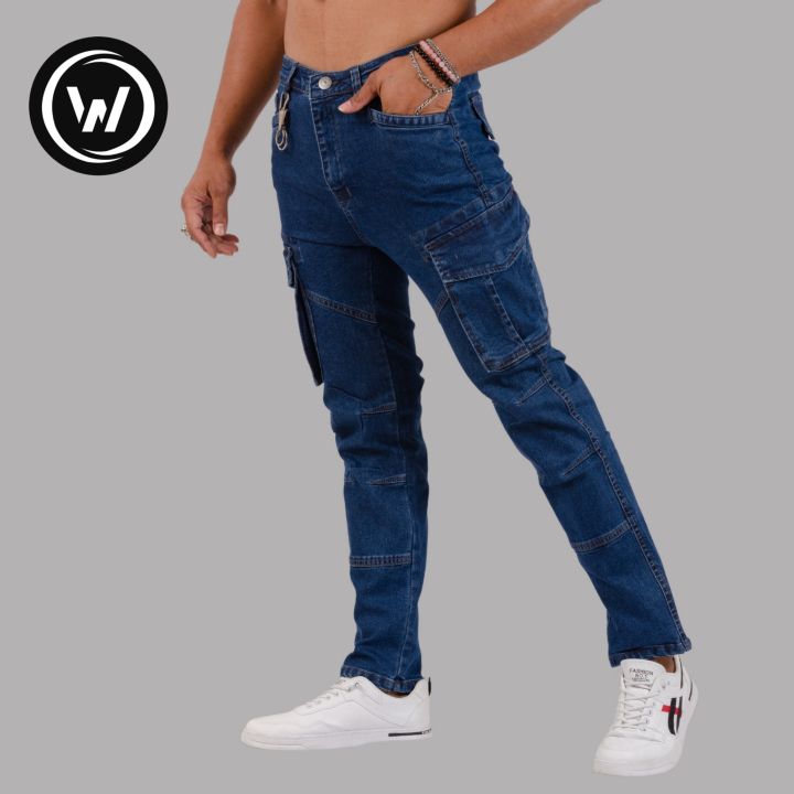 Wraon Dark Blue Stretchable Premium Fancy Denim Cargo Box Pant For Men ...
