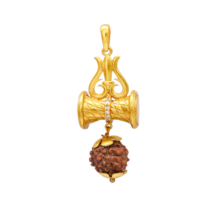 Pure Gold Plated Mahadev Damaru Trishul Locket With Embedded White ...