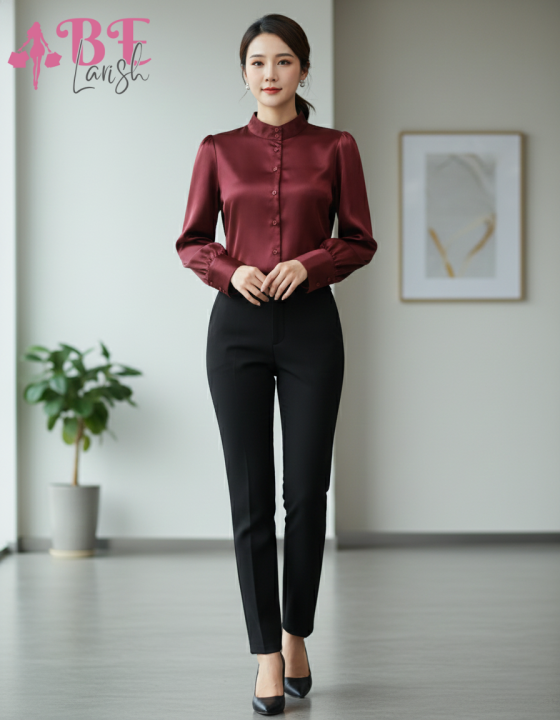 Premium Women’s Satin Silk High-Neck Buttoned Top – Elegant Full Sleeve ...