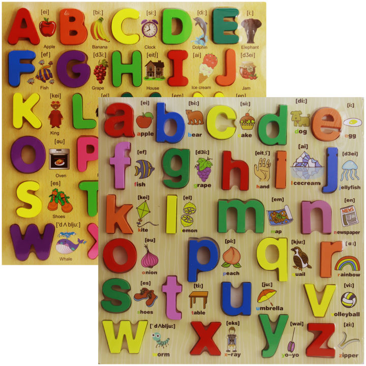 Wooden ABC Alphabet Puzzle Board - Uppercase & Lowercase Letters - 3D ...