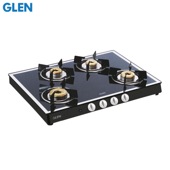 Glen 4 Burner Glass Gas Stove Mirror Finish 1 High Flame 3 Forged Brass ...
