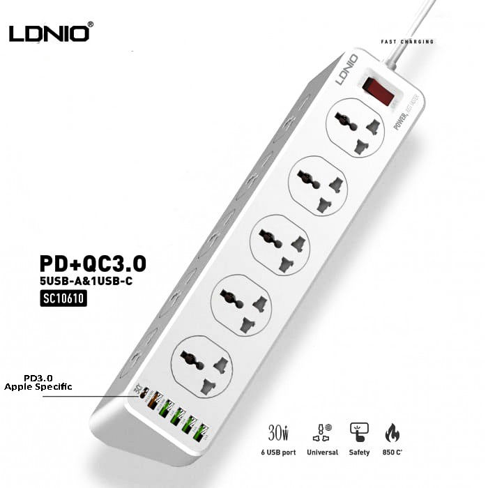 Ldnio SC10610 10 Sockets Type-C 6 USB Ports 2500W Multiplug Extension ...
