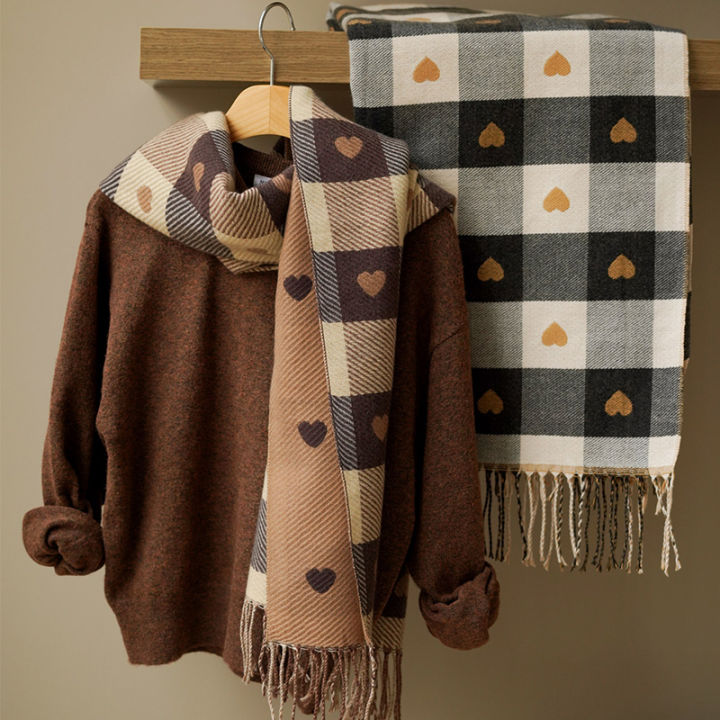 Spunky Add-ons Knitted Heart-pattern Plaid Lovey Winter Scarf For Women ...