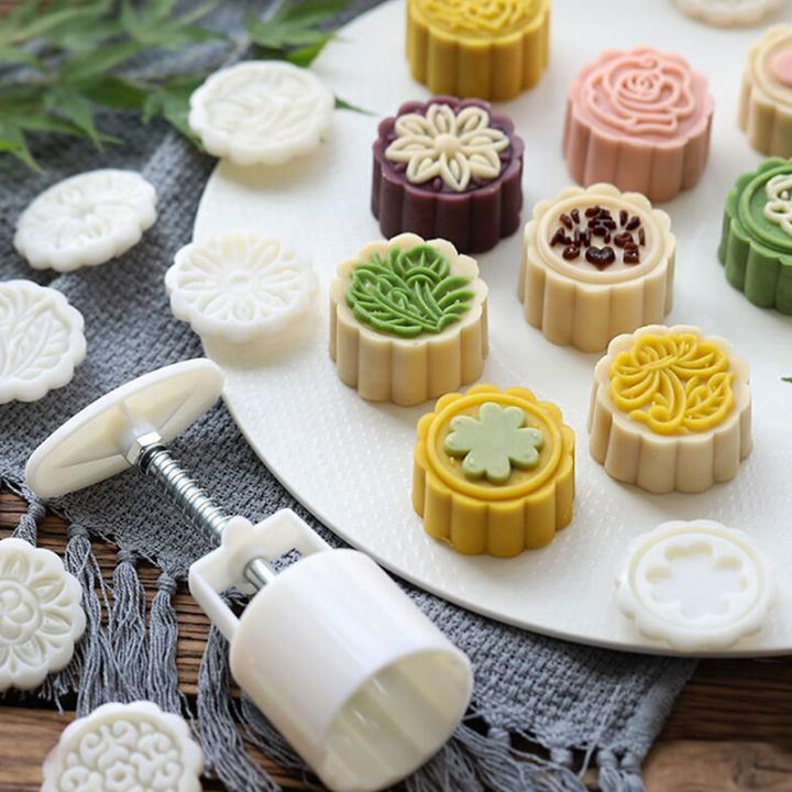 1Set Flower Mooncake Mold Festival DIY Hand Pressure Fondant Pastry ...