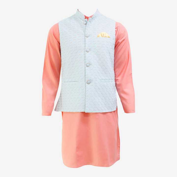 Light Blue/Light Red Color Mixed Cotton Traditional Kurta, Coat Set For ...