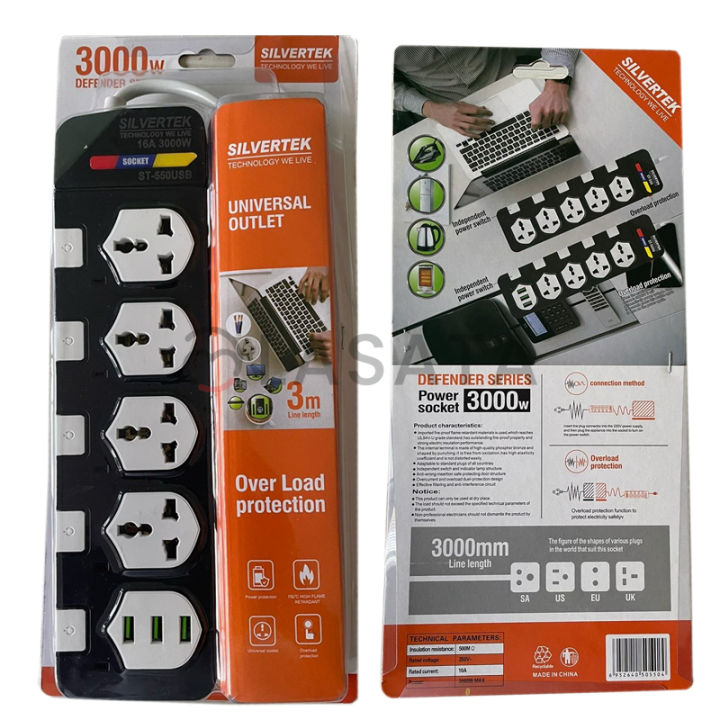 Silvertek- 3000W Multiplug With 3 USB & 5 Charging Port | 3 meter Cable Length | Individual ...
