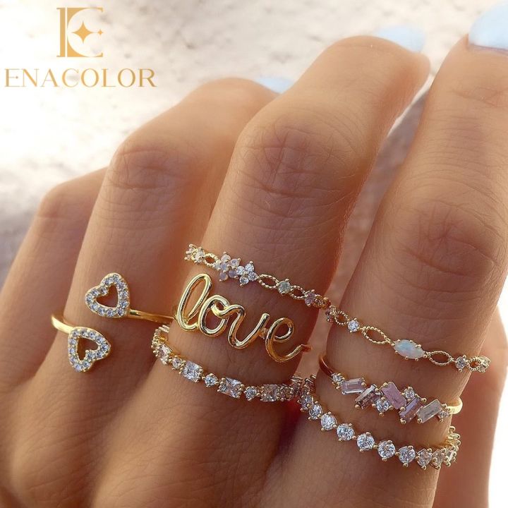 Enacolor 7Pcs/Set Elegant en Heart Love Set Rings Luxury Zircon Metal Ring Jewelry Accessories ...