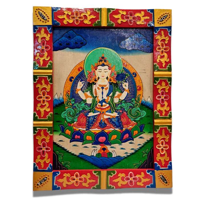 Chenrezig Wooden Frame Thanka Painting Wall Decor- Lotus Handicrafts ...