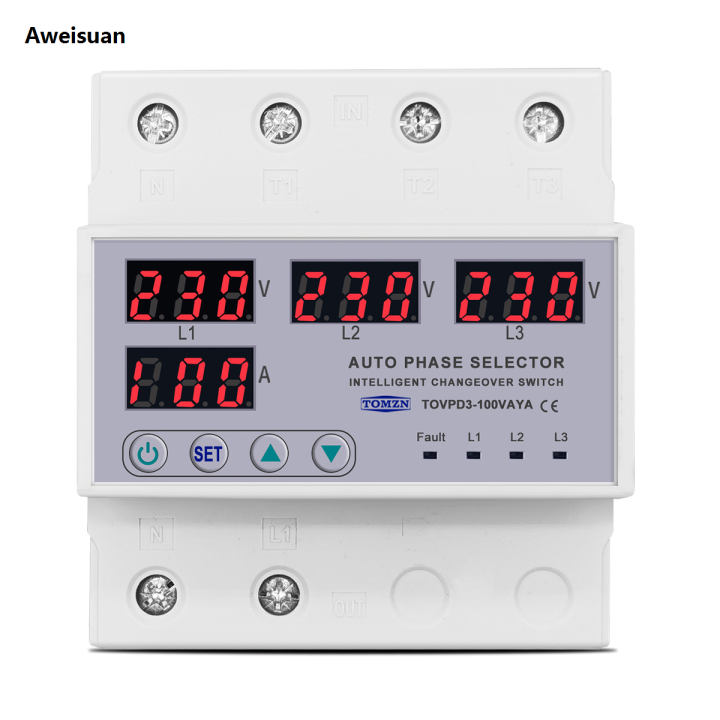 Aweisuan 100A 63A 3 phase 3P+N Din rail phase selector adjustable Over ...