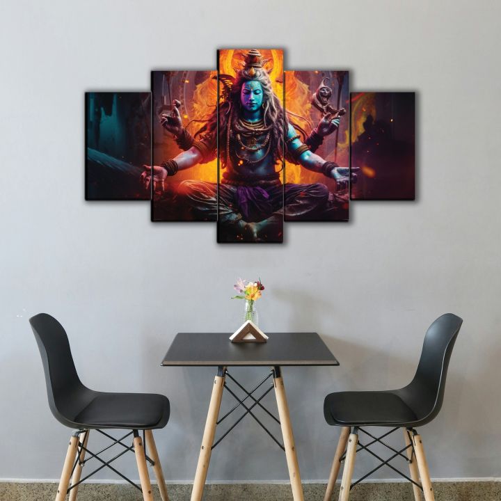 5 Panel Lord Shiva Cotton Canvas Wall Art Wrapped on Wooden Frame Ready ...