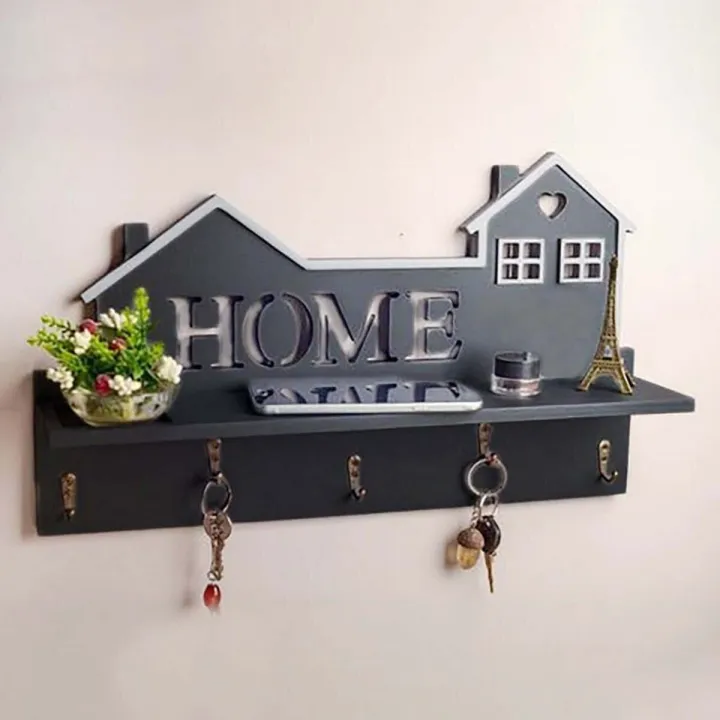 Ressence Enterprises Black Home Design Wooden Wall Shelf with 5 Key ...