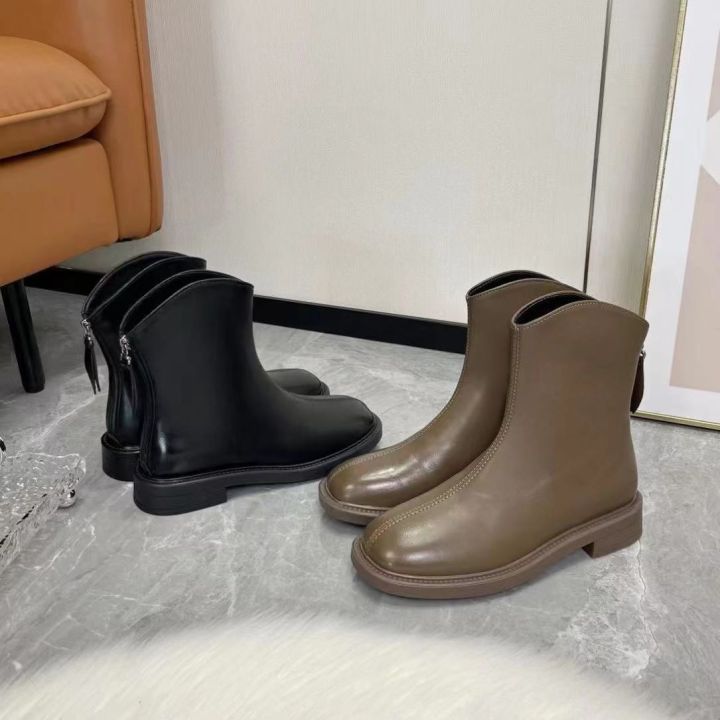 Mid Length Flat Hard PU Leather Back Chain Round Toe Ankle Boot For ...