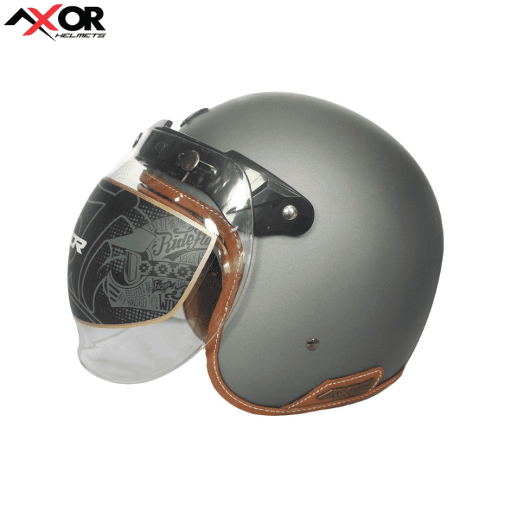 Axor Jet Leather Dull Grey Half Face Single Visor DOT Certified Helmet ...