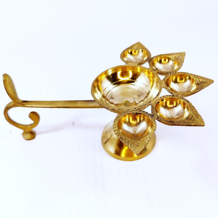 Brass Diya Panchmukhi Deep Arti with Brass Handle for Pooja and Aarti ...