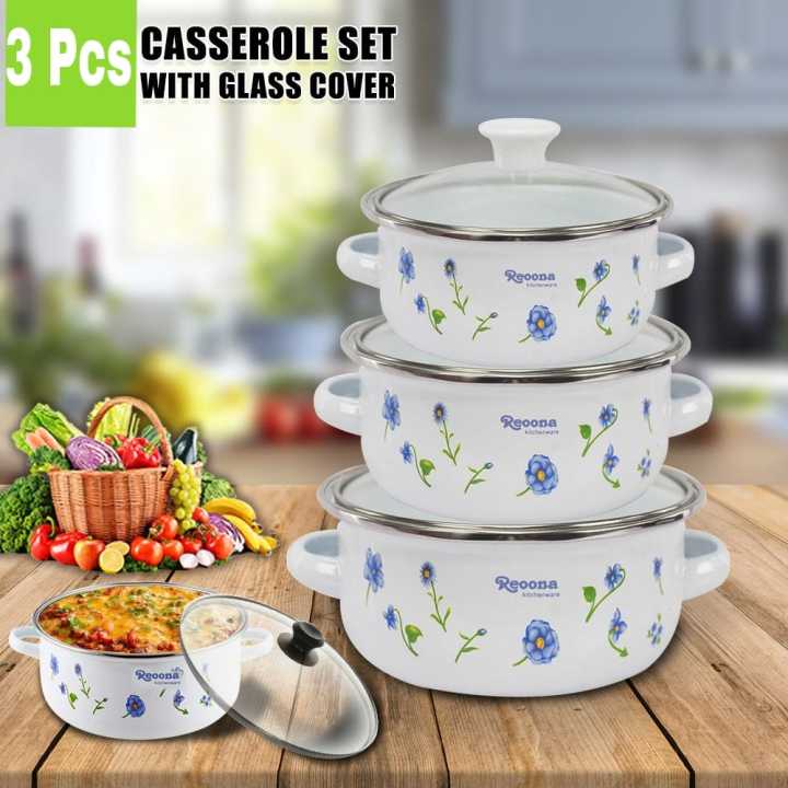 3 Pcs Reoona Enamel Casserole Serving Dish Set With Glass Cover Lid ...