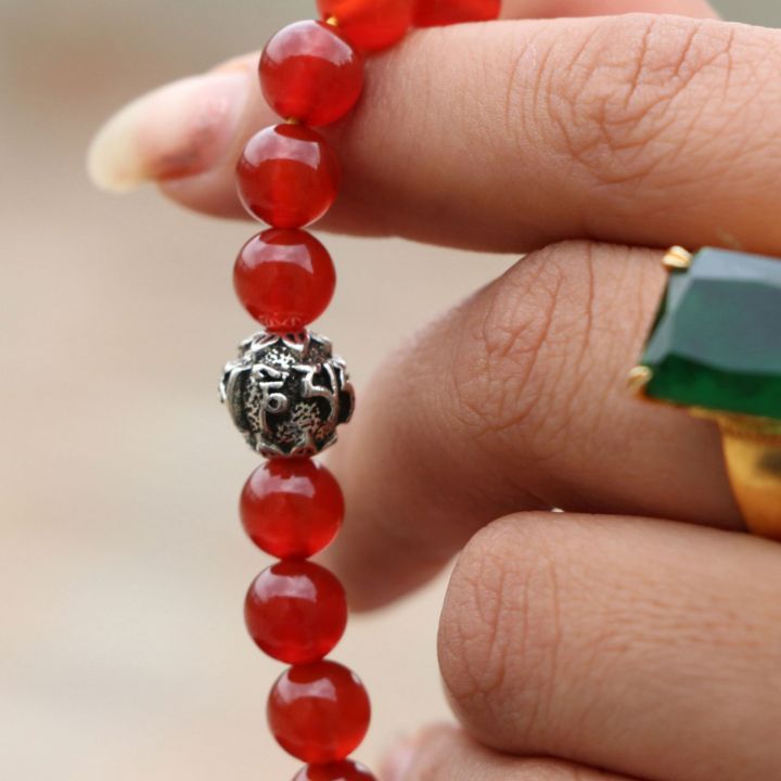 Carnelian Stone Wrist Mala Bracelet with Mantra Bead Handmade Elastic ...