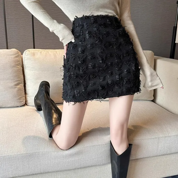 Tassel French high-end small fragrance black skirt women's autumn high ...