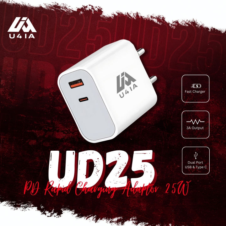 U41A PD Rapid Charging Adaptor 25W UD25 | With Dual Port USB & Type C | 3A Output | Fast Charger ...