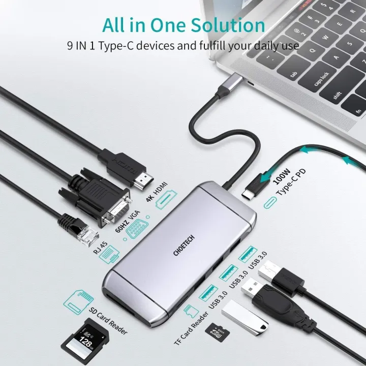 9 In 1 USB C Hub 4K HDMI, 100W PD Power HUB-M15 Choetech | Daraz.com.np