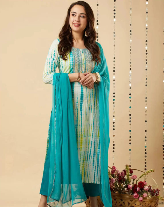 Fabdale Embroidered Yoke Leheriya Straight Salwar Suit with Dupatta ...