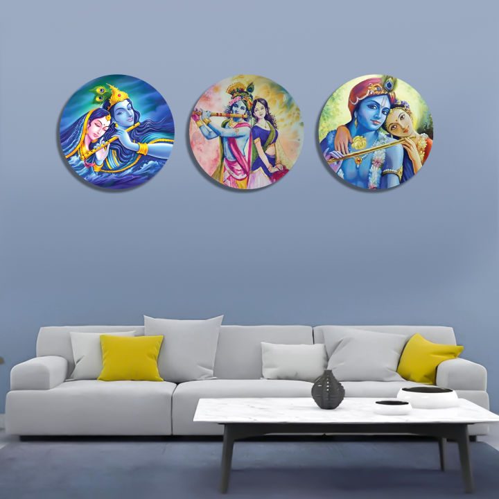 Triple And Single Panel Circular Lord Krishna Print stretched in MDF ...