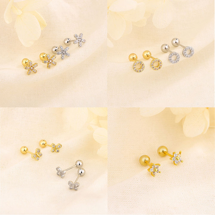 1Pair Flower Crystal Ear Studs Helix Cartilage Screw Earring Butterfly ...