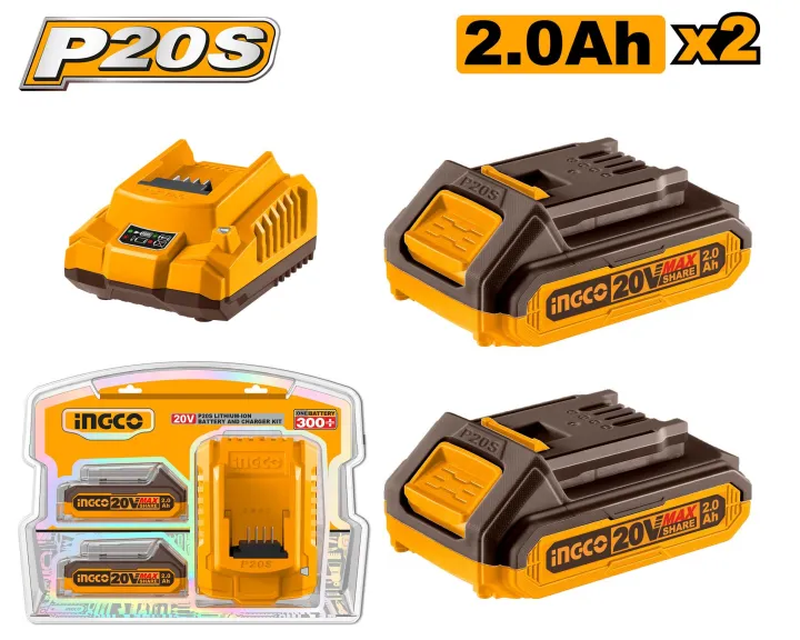INGCO 20V P20S Lithium-Ion Battery And Charger Kit 2.0AH FBCPK1222 ...