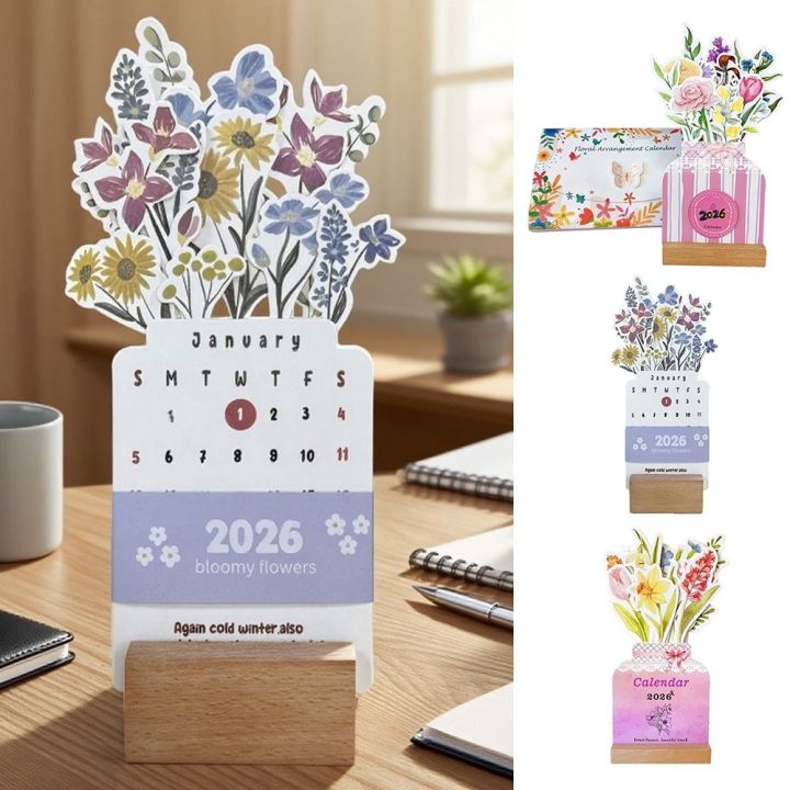 New Wooden Base Bloomy Flowers Desk Calendar Vase Shaped Floral Theme ...