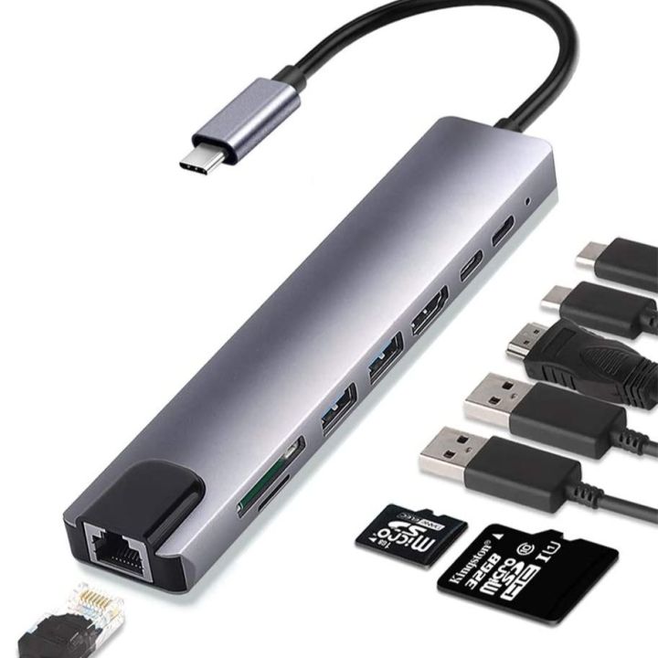 8 in 1 Type C To USB-C 4K HDMI Adapter USB 3.0 Multiport Cable Hub ...