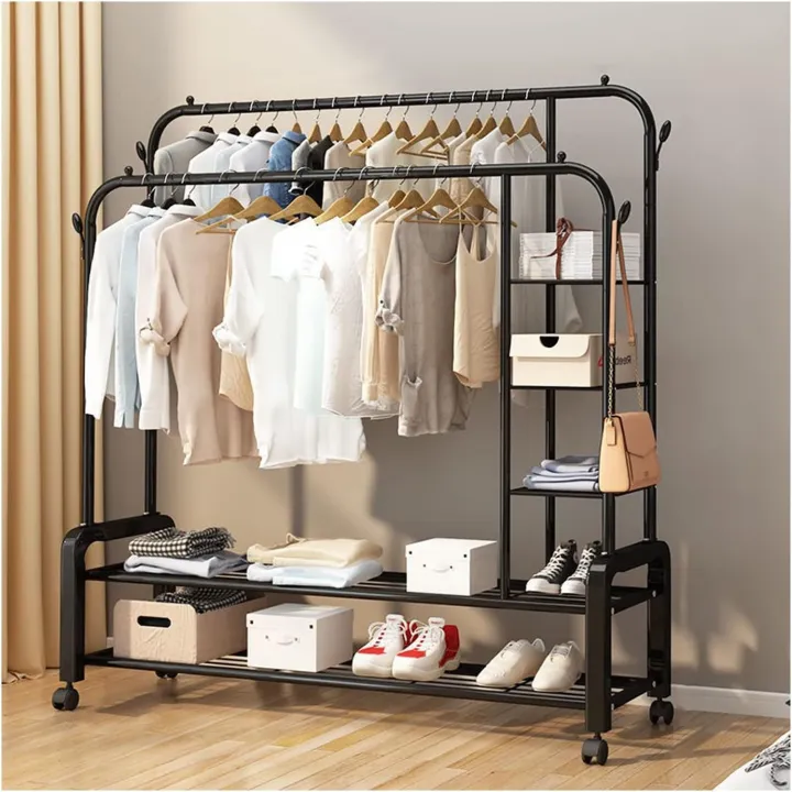 Metal Coat Rack with Shelving And Clothes Hanger Stand With Side Hooks ...